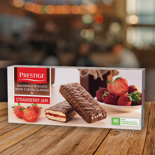 Prestige Sandwich biscuits with cocoa glazing & Real-fruit strawberry ...